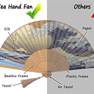 OMyTea® Landscape 8.27"(21cm) Folding Hand Held Fan - with a Fabric Sleeve for Protection for Gifts - Japanese Vintage Retro Style (Kanagawa Sea Waves)