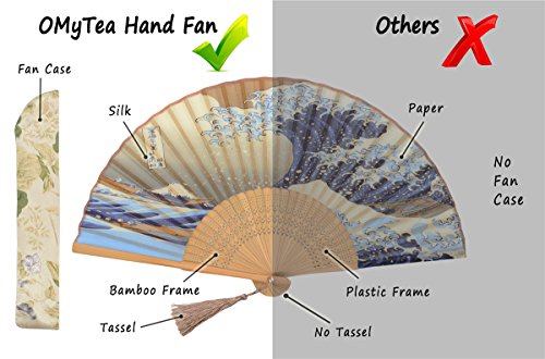 OMyTea® Landscape 8.27"(21cm) Folding Hand Held Fan - with a Fabric Sleeve for Protection for Gifts - Japanese Vintage Retro Style (Kanagawa Sea Waves)