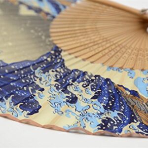 OMyTea® Landscape 8.27"(21cm) Folding Hand Held Fan - with a Fabric Sleeve for Protection for Gifts - Japanese Vintage Retro Style (Kanagawa Sea Waves)