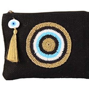 KarensLine Handmade Evil Eye Jute Small Clutch/Pouch Bag Black-Gold Beach Bag Zipper Gift Bag with Tassel