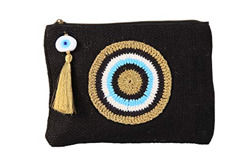 KarensLine Handmade Evil Eye Jute Small Clutch/Pouch Bag Black-Gold Beach Bag Zipper Gift Bag with Tassel