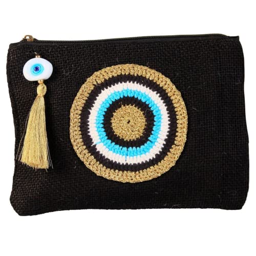 KarensLine Handmade Evil Eye Jute Small Clutch/Pouch Bag Black-Gold Beach Bag Zipper Gift Bag with Tassel