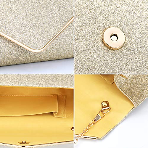 ZIUMUDY Women's Glitter Envelope Clutches Evening Bags Bridal Wedding Party Purse Handbag (Gold)