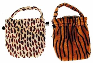 4 assorted styles plush animal skin print draw string purse – leopard / tiger