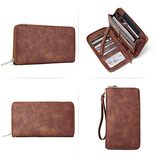 CLUCI Women Wallet Large Leather RFID Blocking Designer Zip Around Card Holder Organizer Ladies Travel Clutch Wristlet Brown