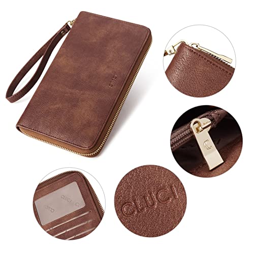 CLUCI Women Wallet Large Leather RFID Blocking Designer Zip Around Card Holder Organizer Ladies Travel Clutch Wristlet Brown