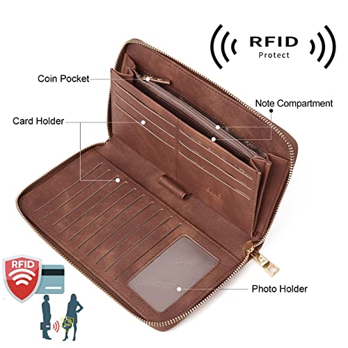 CLUCI Women Wallet Large Leather RFID Blocking Designer Zip Around Card Holder Organizer Ladies Travel Clutch Wristlet Brown