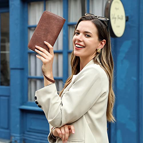 CLUCI Women Wallet Large Leather RFID Blocking Designer Zip Around Card Holder Organizer Ladies Travel Clutch Wristlet Brown