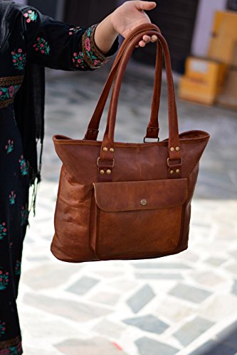 Handmade Women Vintage Style Real Leather Shoulder Shoppers Bag Purse 16” Brown