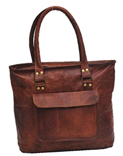 Handmade Women Vintage Style Real Leather Shoulder Shoppers Bag Purse 16” Brown