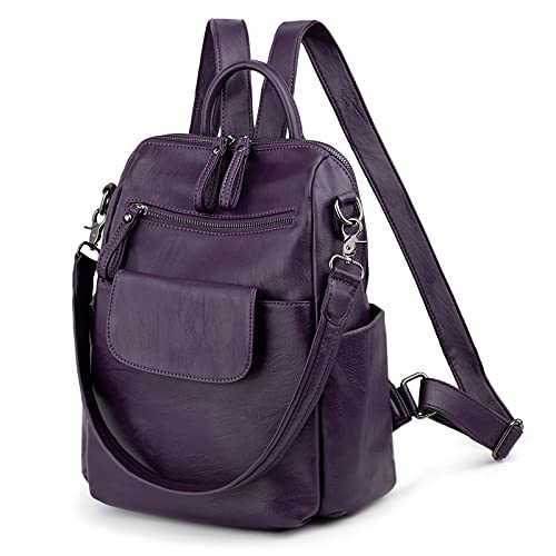 UTO Women Backpack Purse 3 ways PU Washed Leather Ladies Rucksack Shoulder Bag C Purple