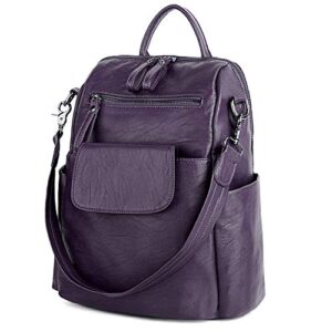 UTO Women Backpack Purse 3 ways PU Washed Leather Ladies Rucksack Shoulder Bag C Purple