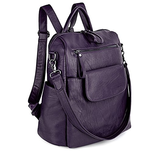 UTO Women Backpack Purse 3 ways PU Washed Leather Ladies Rucksack Shoulder Bag C Purple