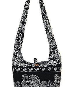 Thai Hippie Hobo Sling Crossbody Shoulder Bag Purse Handmade Zip Peacock Pattern Cotton Gypsy Boho Messenger Medium (M440 (Black))