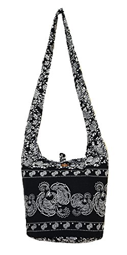 Thai Hippie Hobo Sling Crossbody Shoulder Bag Purse Handmade Zip Peacock Pattern Cotton Gypsy Boho Messenger Medium (M440 (Black))