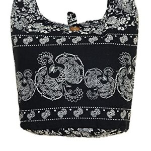 Thai Hippie Hobo Sling Crossbody Shoulder Bag Purse Handmade Zip Peacock Pattern Cotton Gypsy Boho Messenger Medium (M440 (Black))