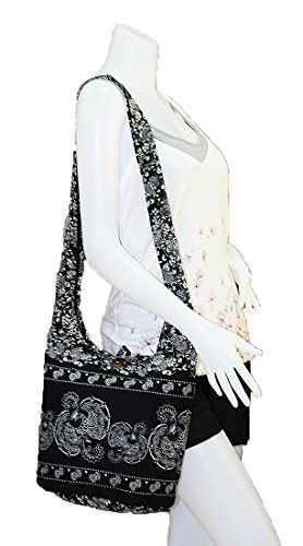 Thai Hippie Hobo Sling Crossbody Shoulder Bag Purse Handmade Zip Peacock Pattern Cotton Gypsy Boho Messenger Medium (M440 (Black))