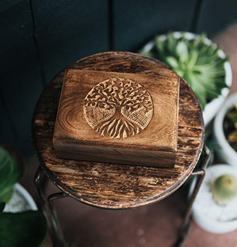 5x7 Tree Of Life Design Wood Jewelry Box Organizer - Handmade Keepsake Celtic Trinket Box - Natural Wood Burn Art - Treasure Memory Box for Ring Bracelet Necklace Earrings Accessories - Home Decor