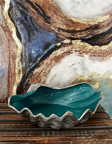 Deco 79 Metal Sea Life Shell Serving Bowl with Enamel Interior, 12" x 9" x 3", Silver