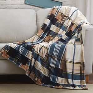 tache winter cabin blue tan farmhouse super soft micro fleece tartan plaid plush lightweight dual-sided decorative couch, sofa, travel, lap, bed throw blanket, 50×60