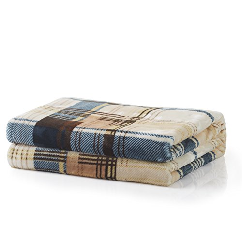 Tache Winter Cabin Blue Tan Farmhouse Super Soft Micro Fleece Tartan Plaid Plush Lightweight Throw Blanket, 66x90, Twin Size