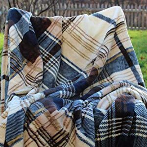 Tache Winter Cabin Blue Tan Farmhouse Super Soft Micro Fleece Tartan Plaid Plush Lightweight Throw Blanket, 66x90, Twin Size