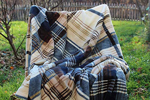 Tache Winter Cabin Blue Tan Farmhouse Super Soft Micro Fleece Tartan Plaid Plush Lightweight Throw Blanket, 66x90, Twin Size