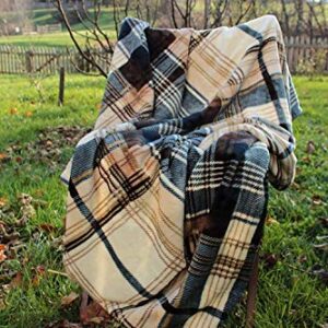 Tache Winter Cabin Blue Tan Farmhouse Super Soft Micro Fleece Tartan Plaid Plush Lightweight Throw Blanket, 66x90, Twin Size