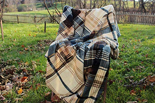 Tache Winter Cabin Blue Tan Farmhouse Super Soft Micro Fleece Tartan Plaid Plush Lightweight Throw Blanket, 66x90, Twin Size