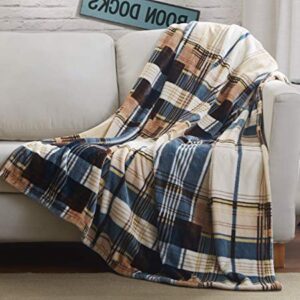 Tache Winter Cabin Blue Tan Farmhouse Super Soft Micro Fleece Tartan Plaid Plush Lightweight Throw Blanket, 66x90, Twin Size