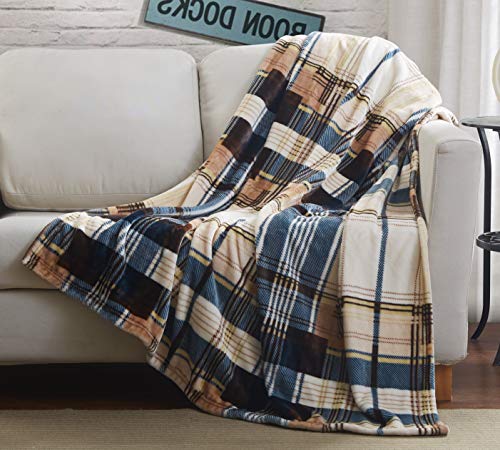 Tache Winter Cabin Blue Tan Farmhouse Super Soft Micro Fleece Tartan Plaid Plush Lightweight Throw Blanket, 66x90, Twin Size