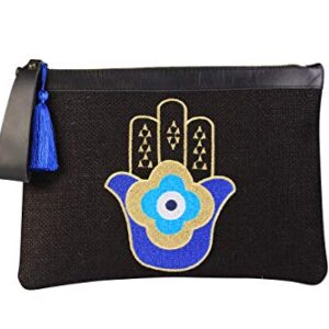 KarensLine Handmade Evil Eye Embroidery Black Jute Clutch Bag Hamsa Hand Beach Summer Style, Medium