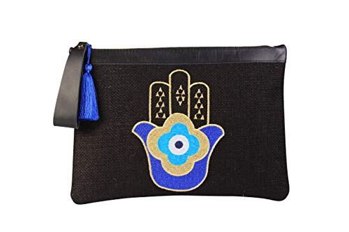 KarensLine Handmade Evil Eye Embroidery Black Jute Clutch Bag Hamsa Hand Beach Summer Style, Medium