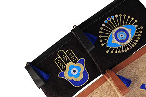 KarensLine Handmade Evil Eye Embroidery Black Jute Clutch Bag Hamsa Hand Beach Summer Style, Medium