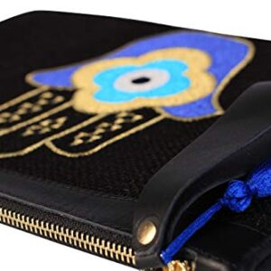 KarensLine Handmade Evil Eye Embroidery Black Jute Clutch Bag Hamsa Hand Beach Summer Style, Medium