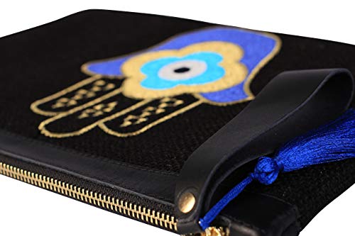 KarensLine Handmade Evil Eye Embroidery Black Jute Clutch Bag Hamsa Hand Beach Summer Style, Medium