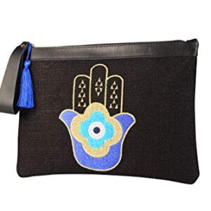 KarensLine Handmade Evil Eye Embroidery Black Jute Clutch Bag Hamsa Hand Beach Summer Style, Medium