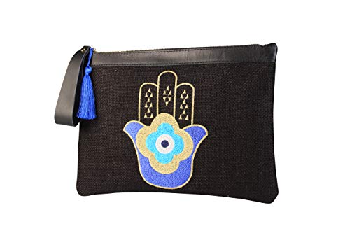 KarensLine Handmade Evil Eye Embroidery Black Jute Clutch Bag Hamsa Hand Beach Summer Style, Medium