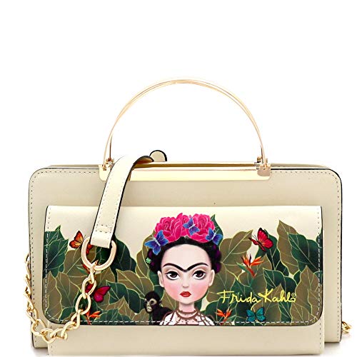 Trendeology Authentic Frida Kahlo Print Wallet Handle Purse Crossbody Bag (Baby Frida Cartoon Series - Beige)