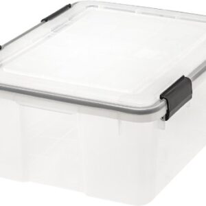 IRIS USA 30 Quart WEATHERPRO Plastic Storage Box with Durable Lid and Seal and Secure Latching Buckles, Weathertight, Clear with Black Buckles, 1 Pack