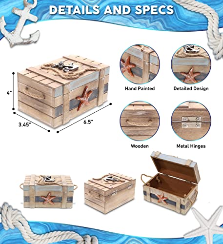 CoTa Global Neptune Wooden Jewelry Box - Handcrafted Nautical Trinket with Starfish and Boat Anchor Decorations, Accent Tabletop Home Decor, Beach Starfish Jewelry Storage Organizer - 6.5 Inches