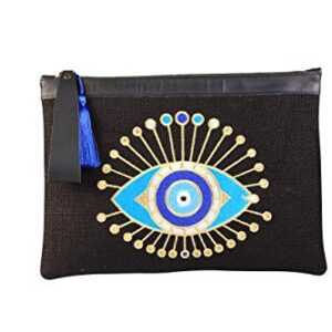 KarensLine Handmade Evil Eye Embroidery Black Jute Clutch Bag Sun Beach Summer Style, Medium