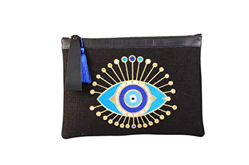 KarensLine Handmade Evil Eye Embroidery Black Jute Clutch Bag Sun Beach Summer Style, Medium