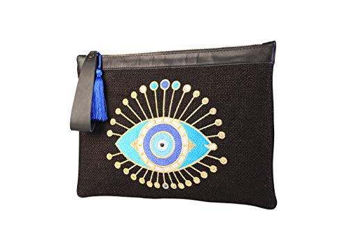 KarensLine Handmade Evil Eye Embroidery Black Jute Clutch Bag Sun Beach Summer Style, Medium