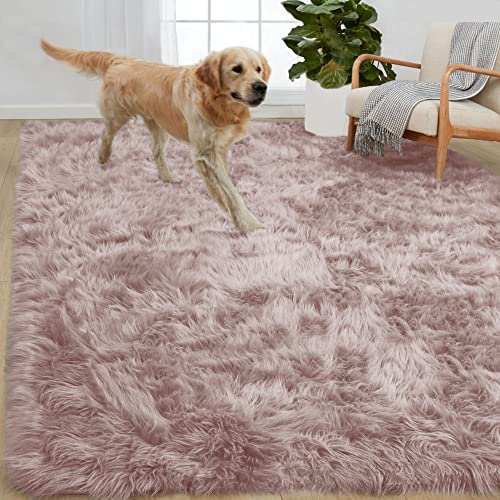 Gorilla Grip Fluffy Faux Fur Area Rug, 5x7, Rubber Backing, Machine Washable Soft Furry Rugs for Living Room, Bedroom, Baby Nursery Decor, Durable Fuzzy Throw Carpet for Dorm Floor, Dusty Rose