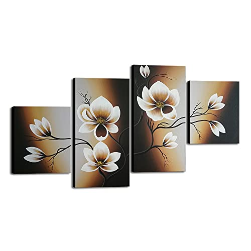 100% Hand-painted Wood Framed Abstract Floral Oil Painting on Canvas Warm Day Yellow Flowers Bloom Ready to Hang for Living Room Bedroom Home Decorations 4pcs/set