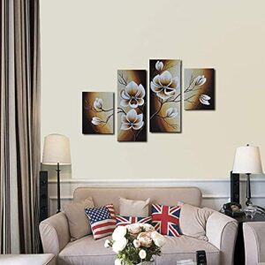 100% Hand-painted Wood Framed Abstract Floral Oil Painting on Canvas Warm Day Yellow Flowers Bloom Ready to Hang for Living Room Bedroom Home Decorations 4pcs/set