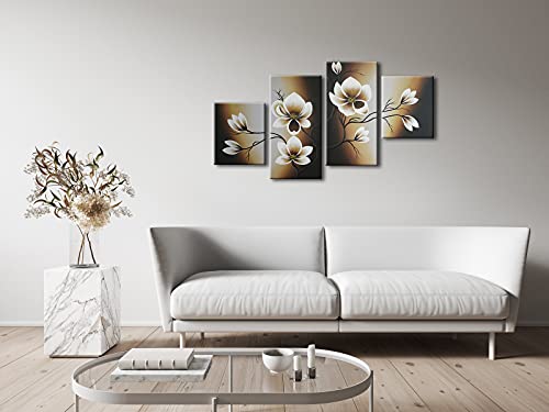 100% Hand-painted Wood Framed Abstract Floral Oil Painting on Canvas Warm Day Yellow Flowers Bloom Ready to Hang for Living Room Bedroom Home Decorations 4pcs/set