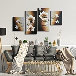 100% Hand-painted Wood Framed Abstract Floral Oil Painting on Canvas Warm Day Yellow Flowers Bloom Ready to Hang for Living Room Bedroom Home Decorations 4pcs/set