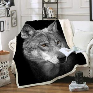 black wolf blanket comfort warmth soft cozy air conditioning machine wash black and white rose skull sherpa fleece blanket (throw 60″x80″) (black wolf)